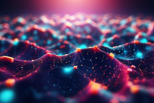 3d Abstract Background With Dashed Lines Connecting Dots Of Poly Cube And Defocus Analytics