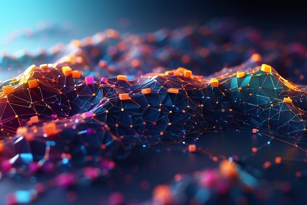 3d Abstract background with dashed lines connecting dots of poly cube and defocus Analytics ...