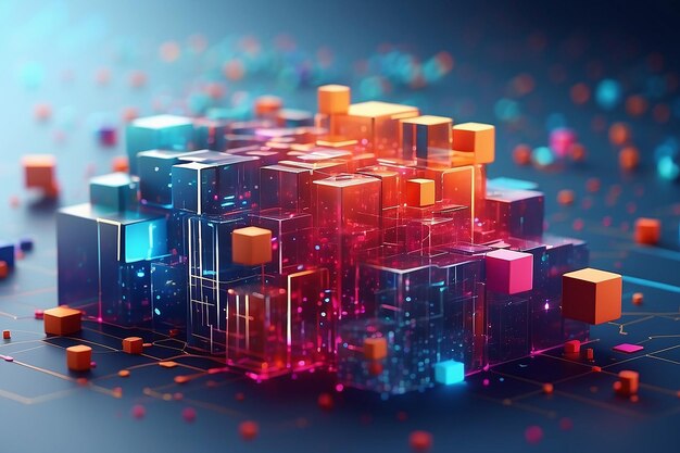 3d Abstract background with dashed lines connecting dots of poly cube and defocus Analytics ...