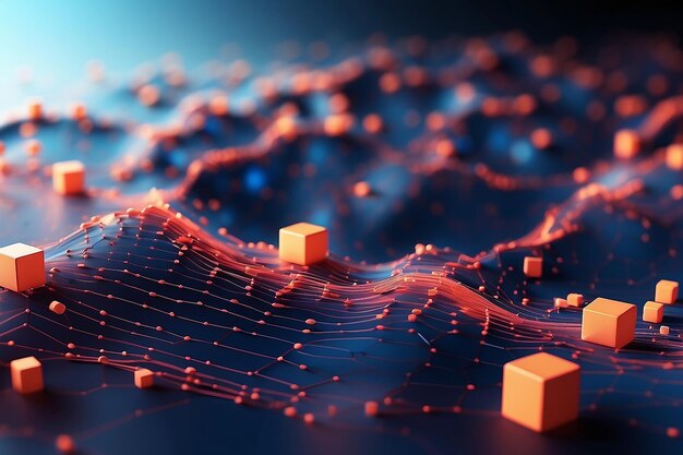 3d Abstract background with dashed lines connecting dots of poly cube and defocus Analytics ...