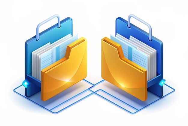 3D File transfer illustration Files transferred encrypted form Two folder with document and ...
