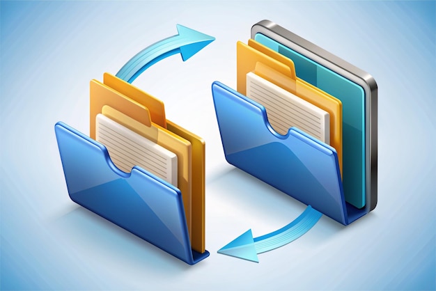 3D File transfer illustration Files transferred encrypted form Two folder with document and ...