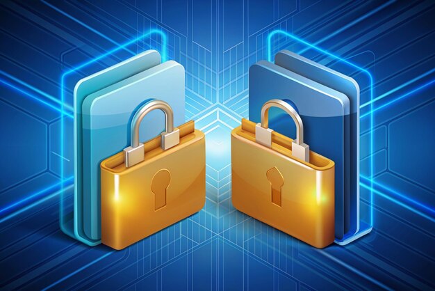 3D File transfer illustration Files transferred encrypted form Two folder with document and ...