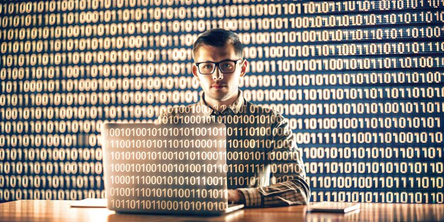 3d Flat icon as Programmer with code on a screen and binary digits ...