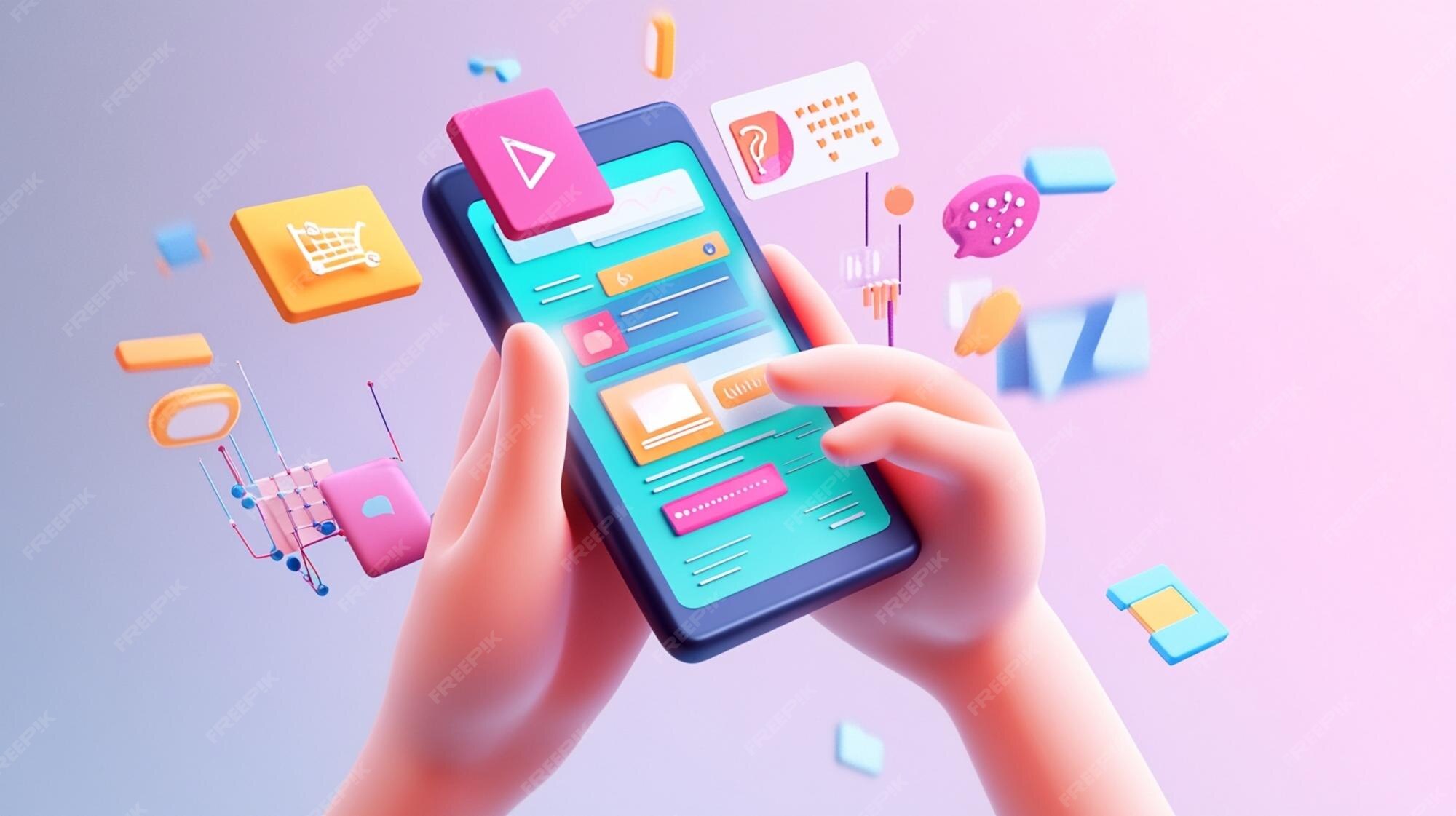 3d Hands Building Application Design With Floating Ui And Ux Icons Abstract Representation Of