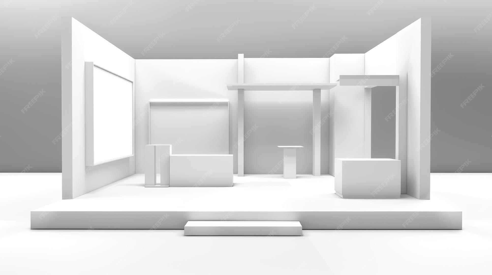 Premium Photo 3d Mockup Of A Trade Show Booth Stall It Features A White Wall Floor And Table