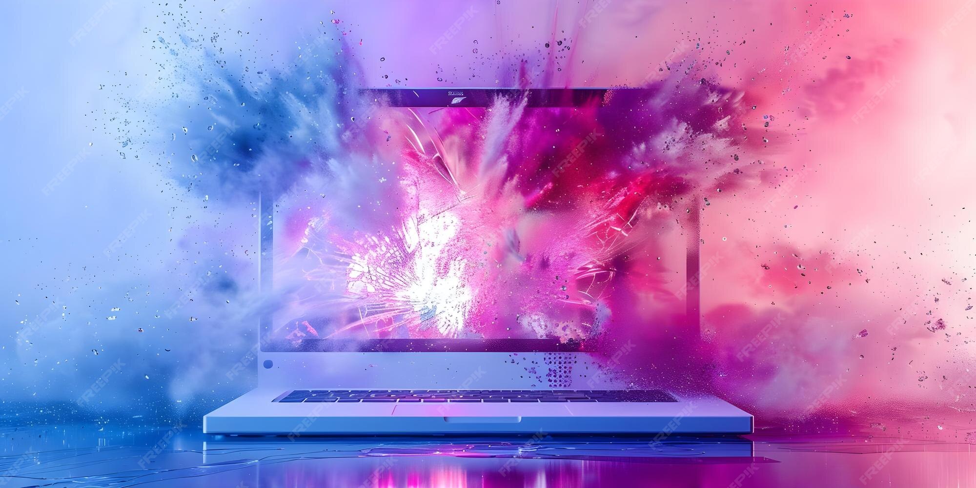 3D Render Colorful Front View of a Computer with Exploding Screen ...