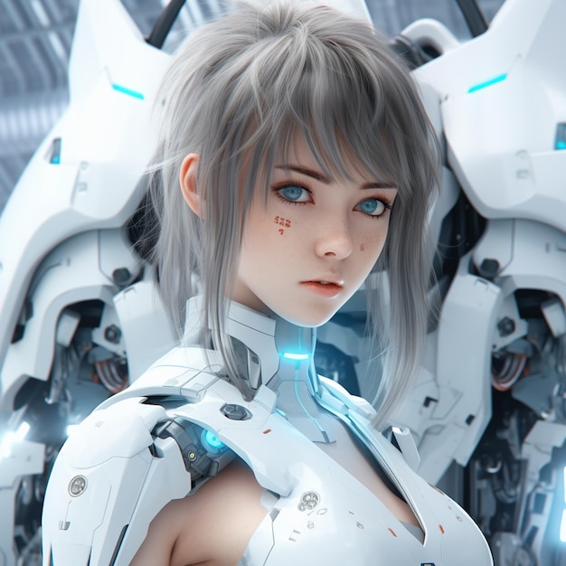 3d Render Of Futuristic Cyber Robot Anime Girl In Futuristic Robot Lab And Machines Generated By