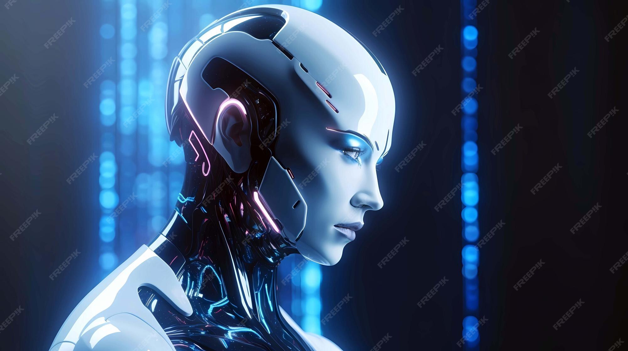 Premium Photo | 3d rendering humanoid robot in cyber space with binary code on background ...