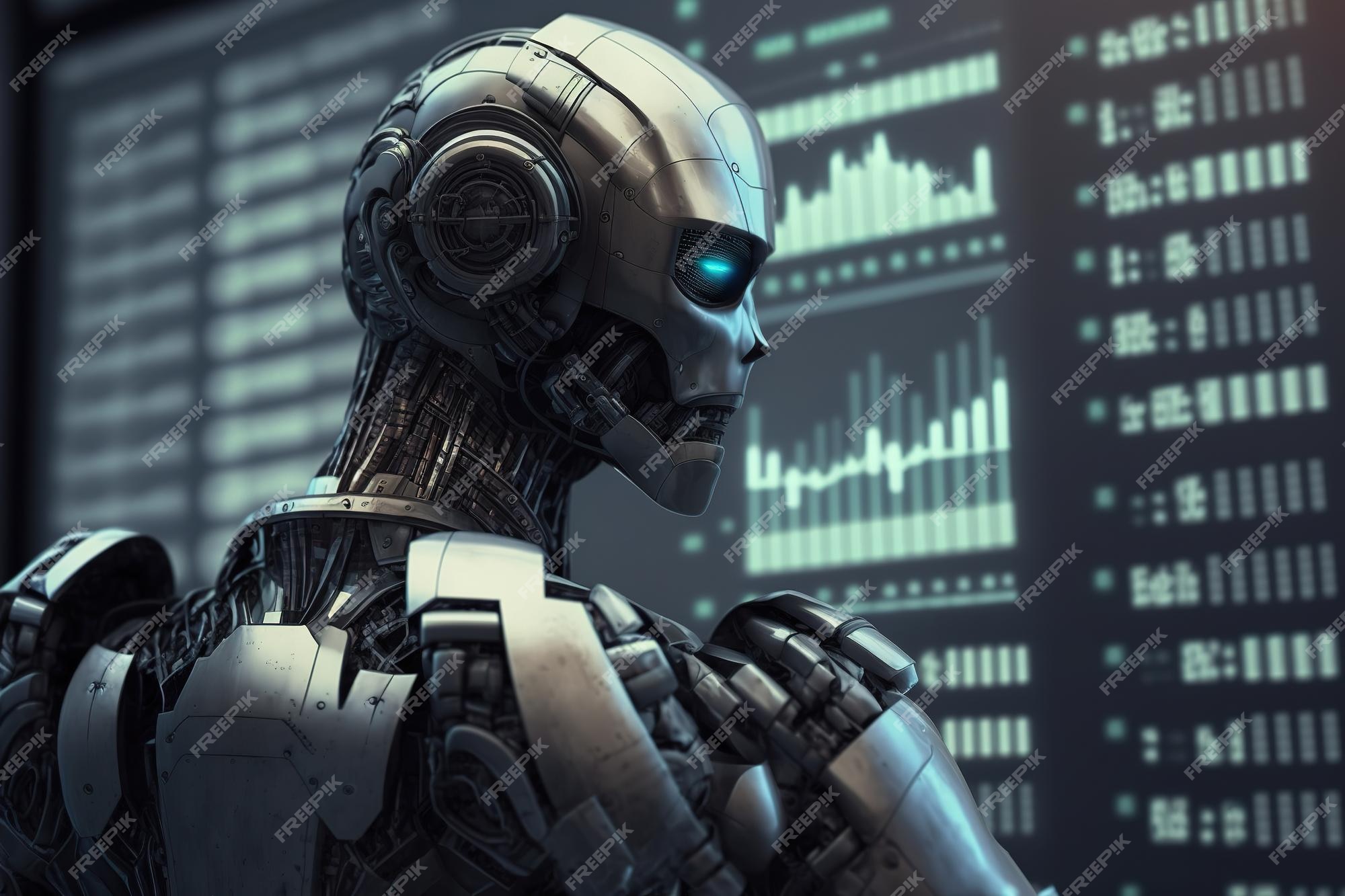 Premium AI Image | 3d rendering humanoid robot with stock market data ... Premium AI Image | 3d rendering humanoid robot with stock market data ...
