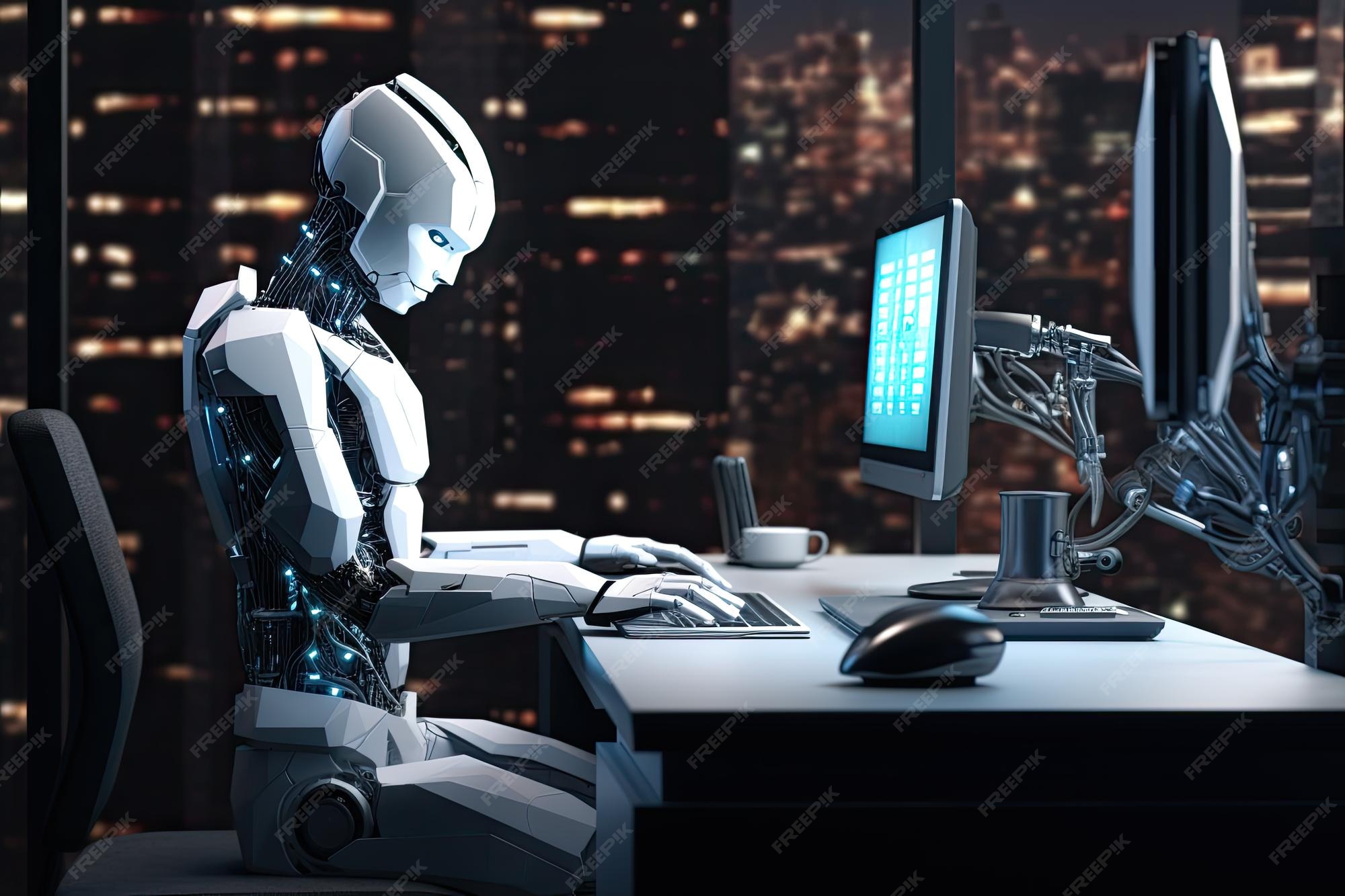 Premium AI Image | 3d rendering humanoid robot working on computer in modern office at night ...
