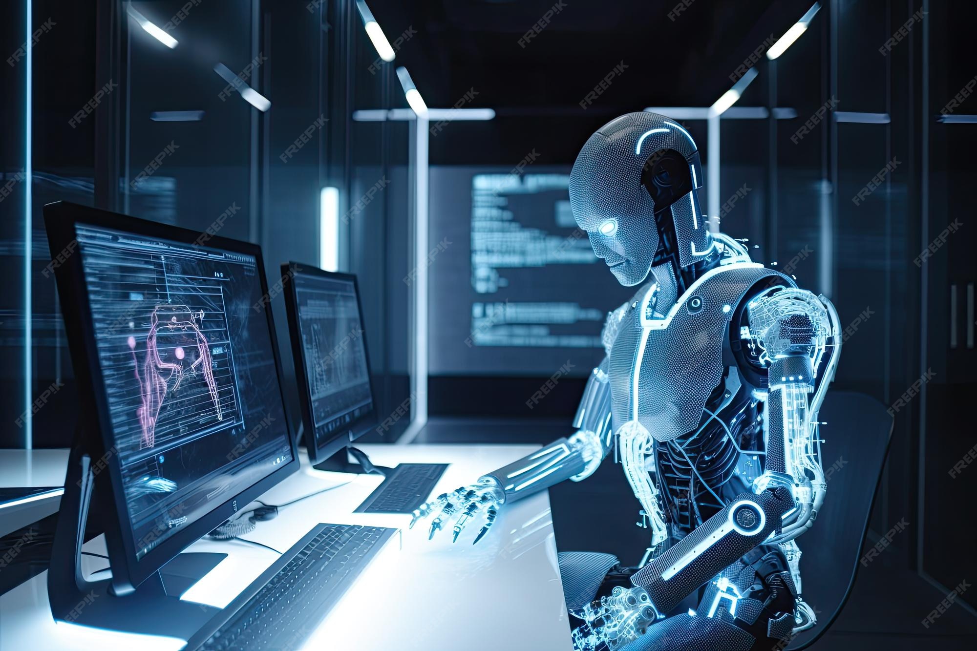 Premium Photo 3d Rendering Humanoid Robot Working With A Computer In
