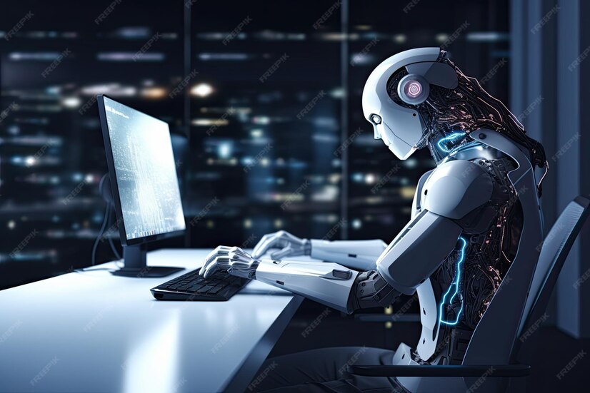 Premium AI Image | 3d rendering humanoid robot working with computer in ...