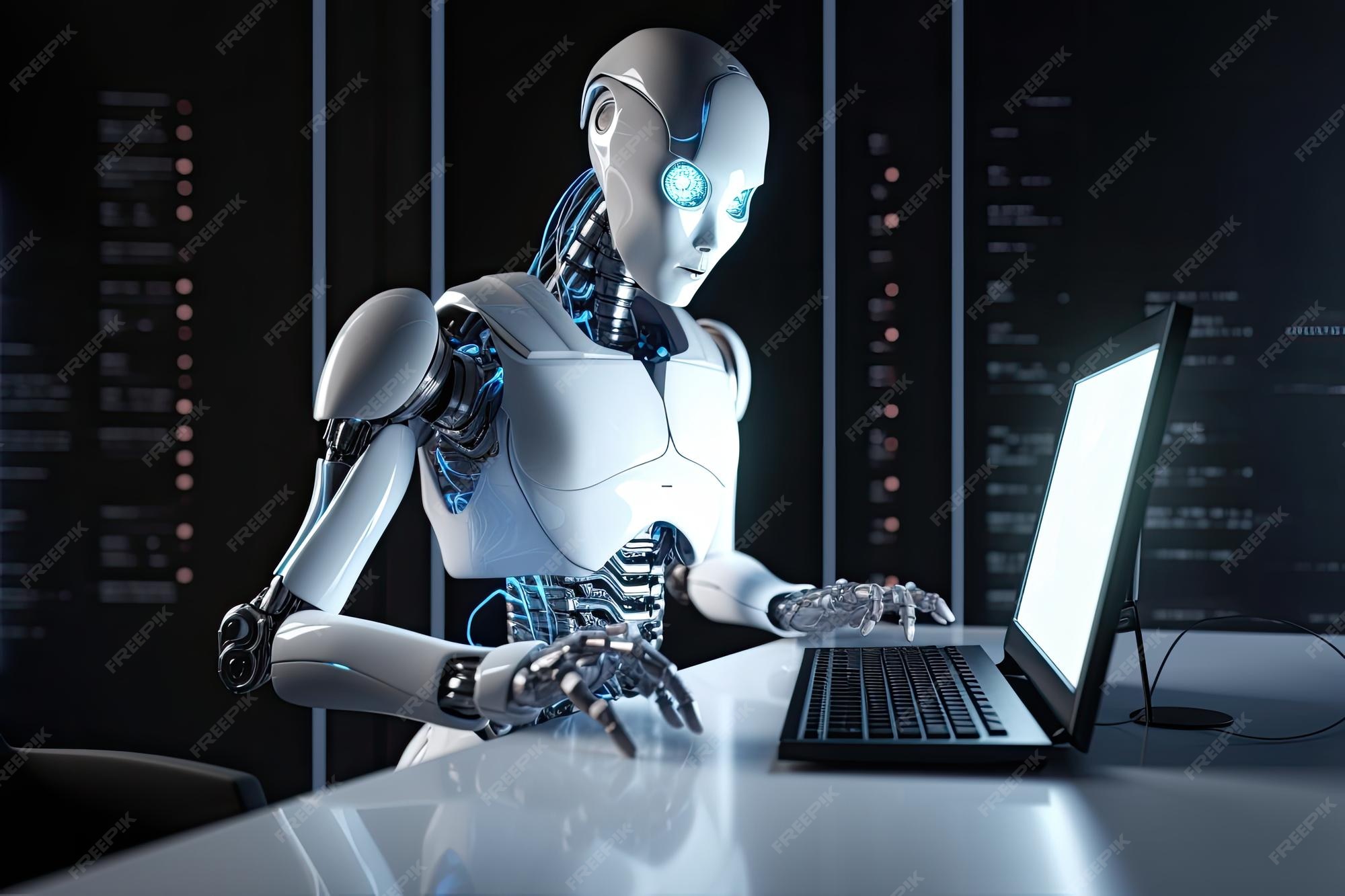 Premium Photo | 3d rendering humanoid robot working with laptop computer in dark office room A ...
