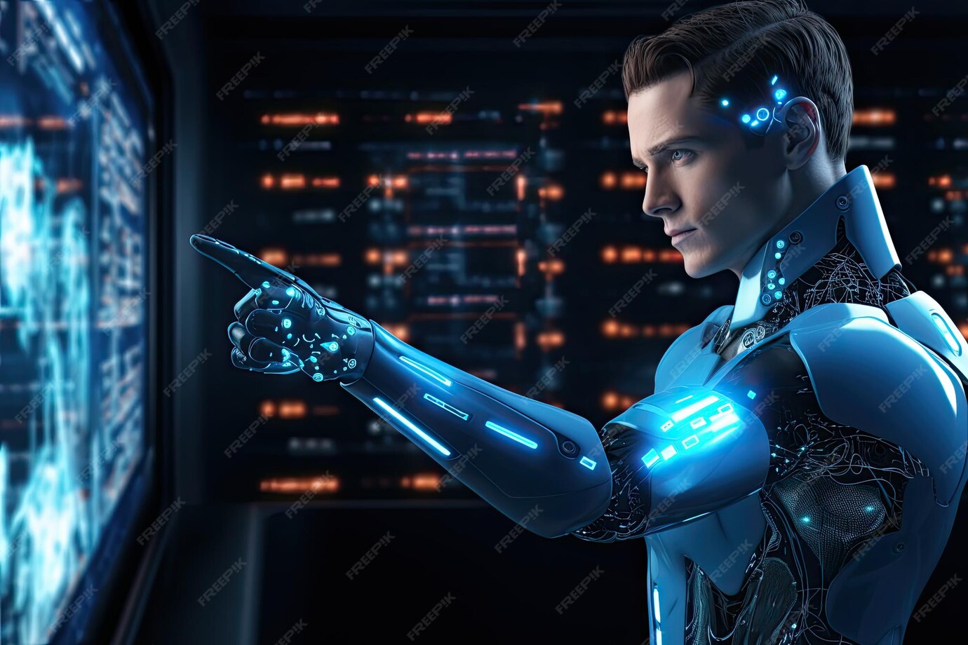 Premium AI Image | 3D rendering of a male cyborg pointing to a hologram screen Cyber digital ...