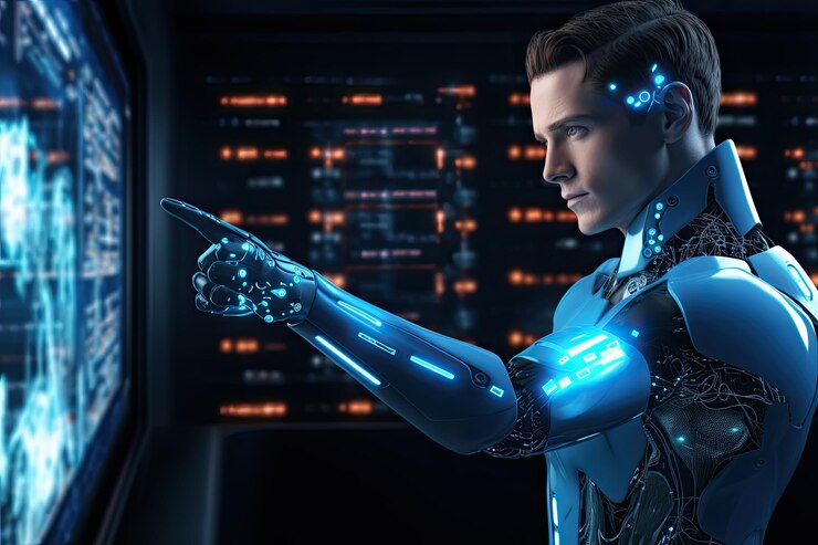 Premium AI Image | 3D rendering of a male cyborg pointing to a hologram screen Cyber digital ...