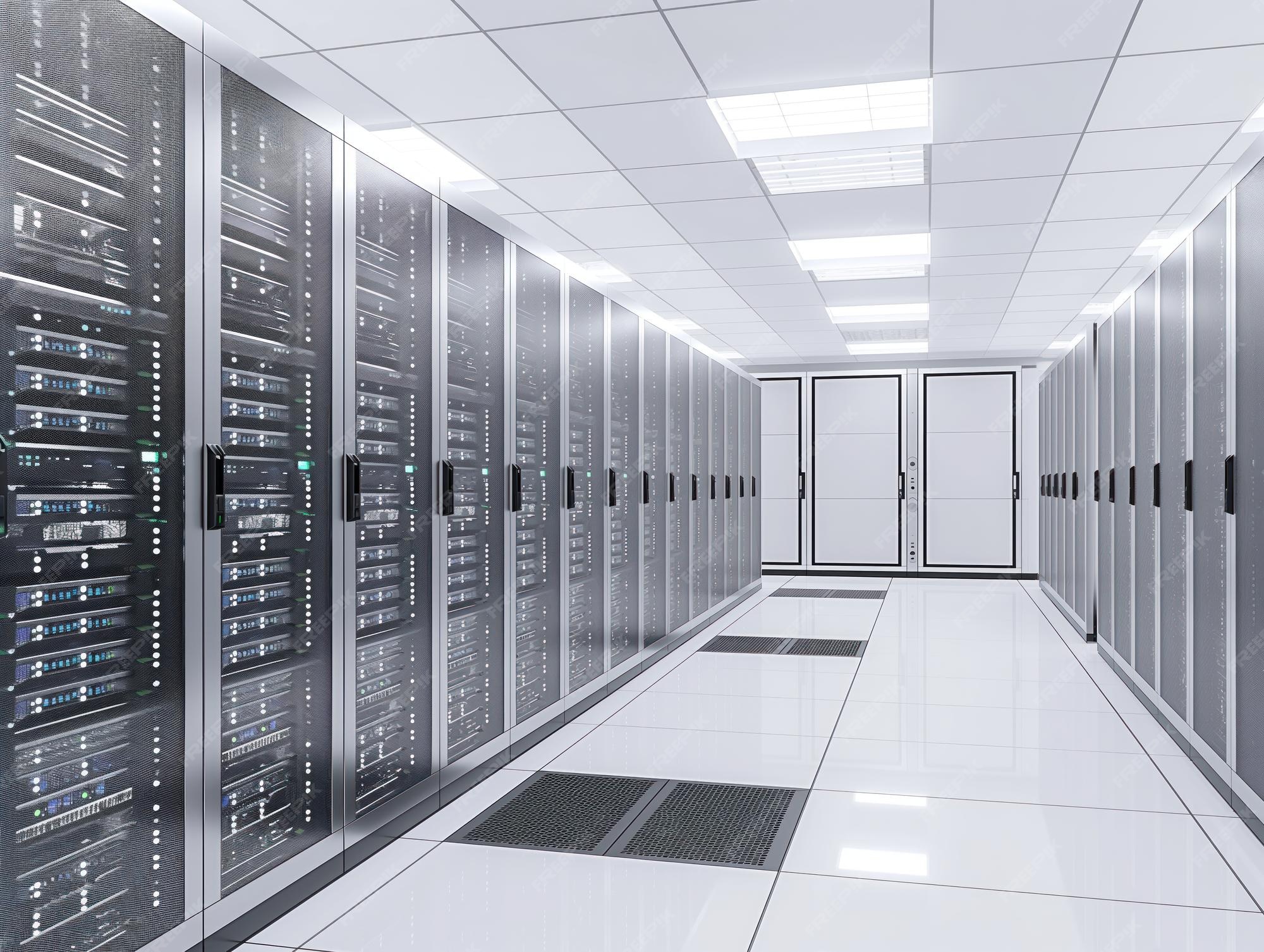 3D rendering of modern data center server room with rows of cabinets containing computer ...