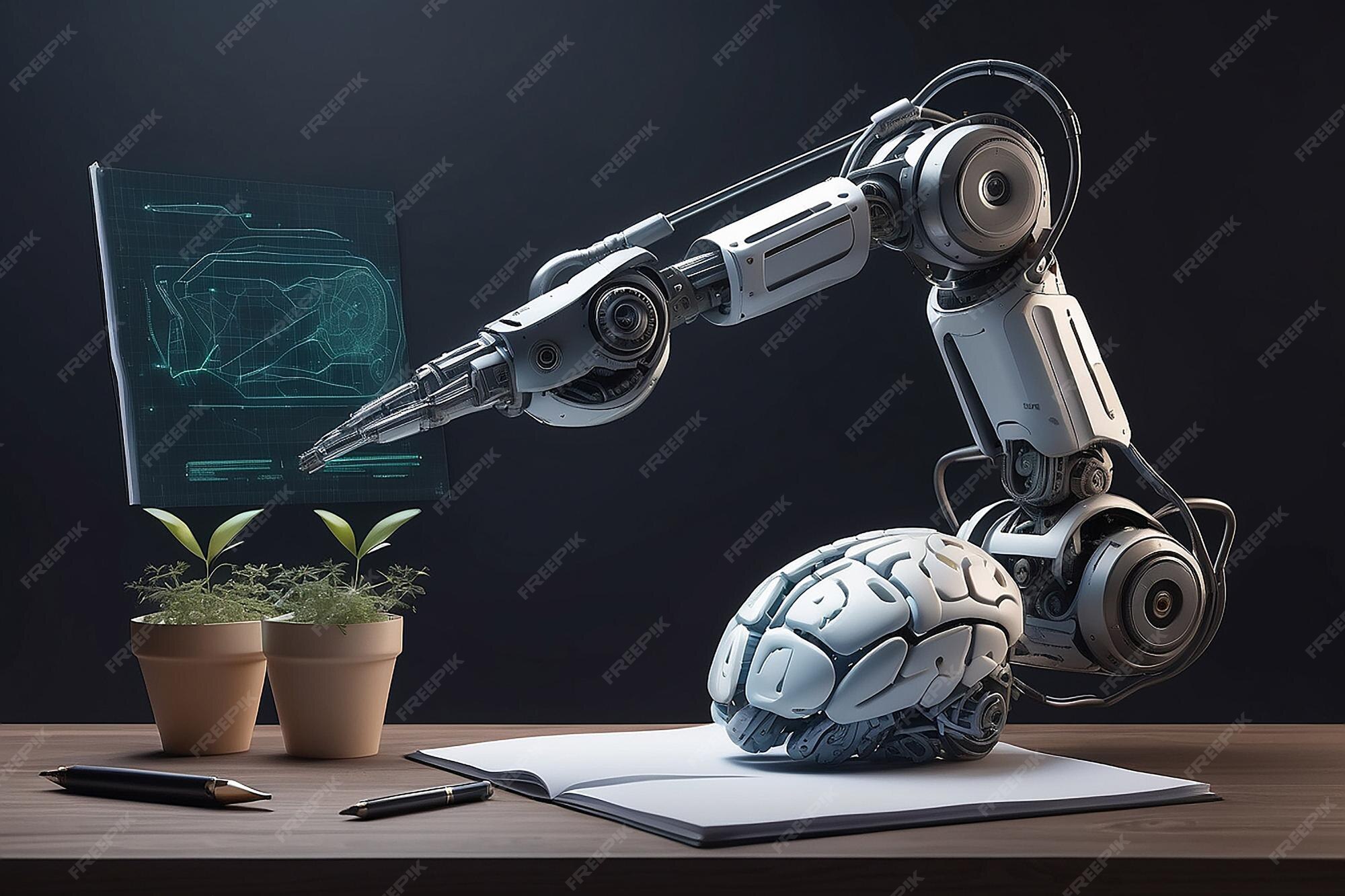 Premium Photo | 3d rendering robot arm writing ai brain Premium Photo | 3d rendering robot arm writing ai brain