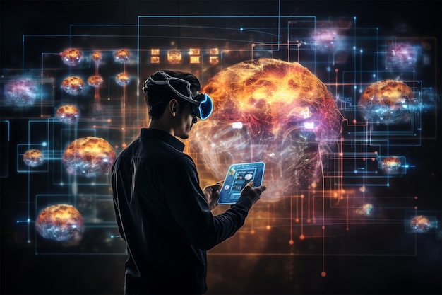 Premium AI Image | 3d rendering robot with hud graphic Premium AI Image | 3d rendering robot with hud graphic