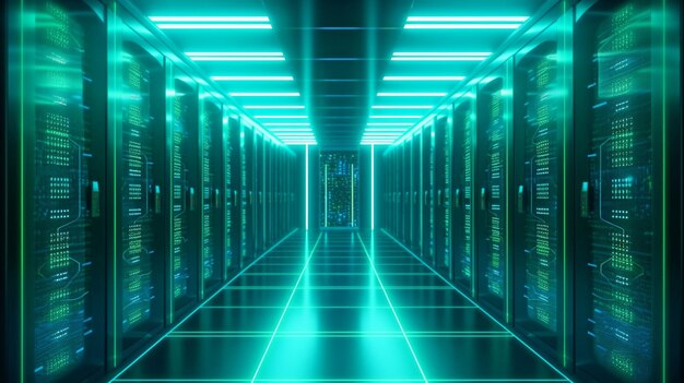 Premium AI Image | 3D rendering of a server room featuring a data design element for nodebased ...