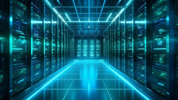 Premium AI Image | 3D rendering of a server room featuring a data design element for nodebased ...