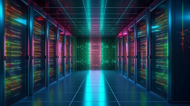 Premium AI Image | 3D rendering of a server room featuring a data design element for nodebased ...