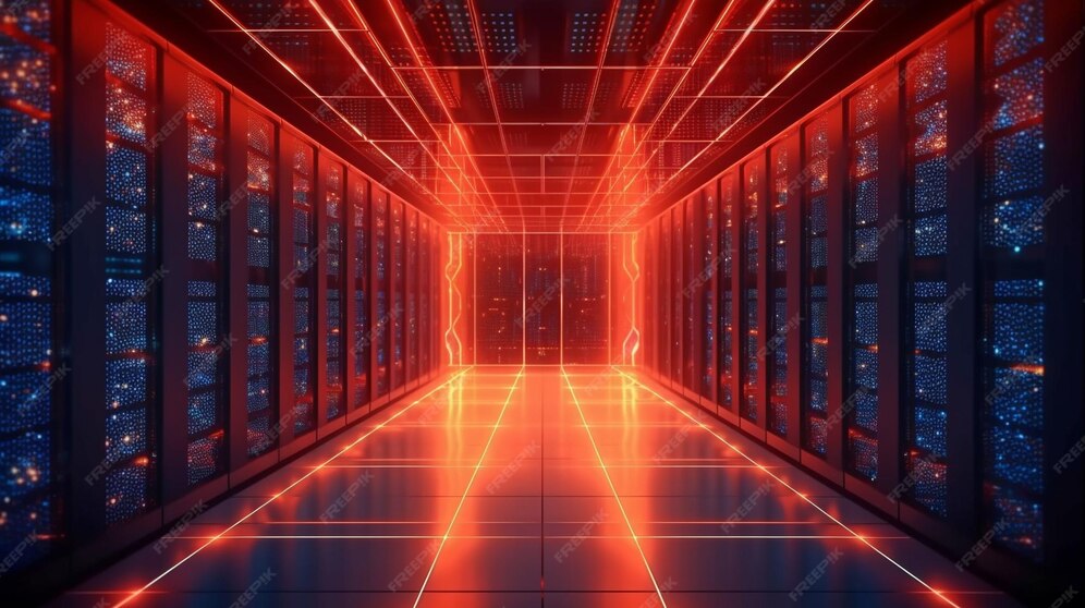 Premium AI Image | 3D rendering of a server room featuring a data ...