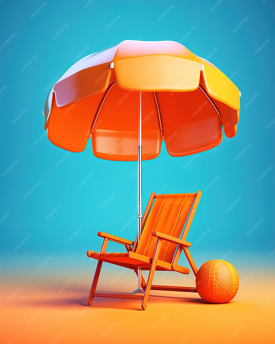 3d Vector Beach Chair Yellow Umbrella And Ball Summer Holiday Time To