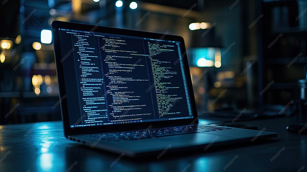 8 Hightech laptop displaying complex code snippets web development tools programmer s workspace ...