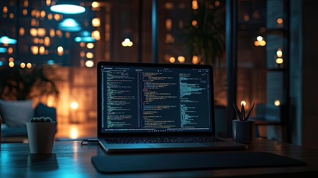 8 Hightech laptop displaying complex code snippets web development tools programmer s workspace ...
