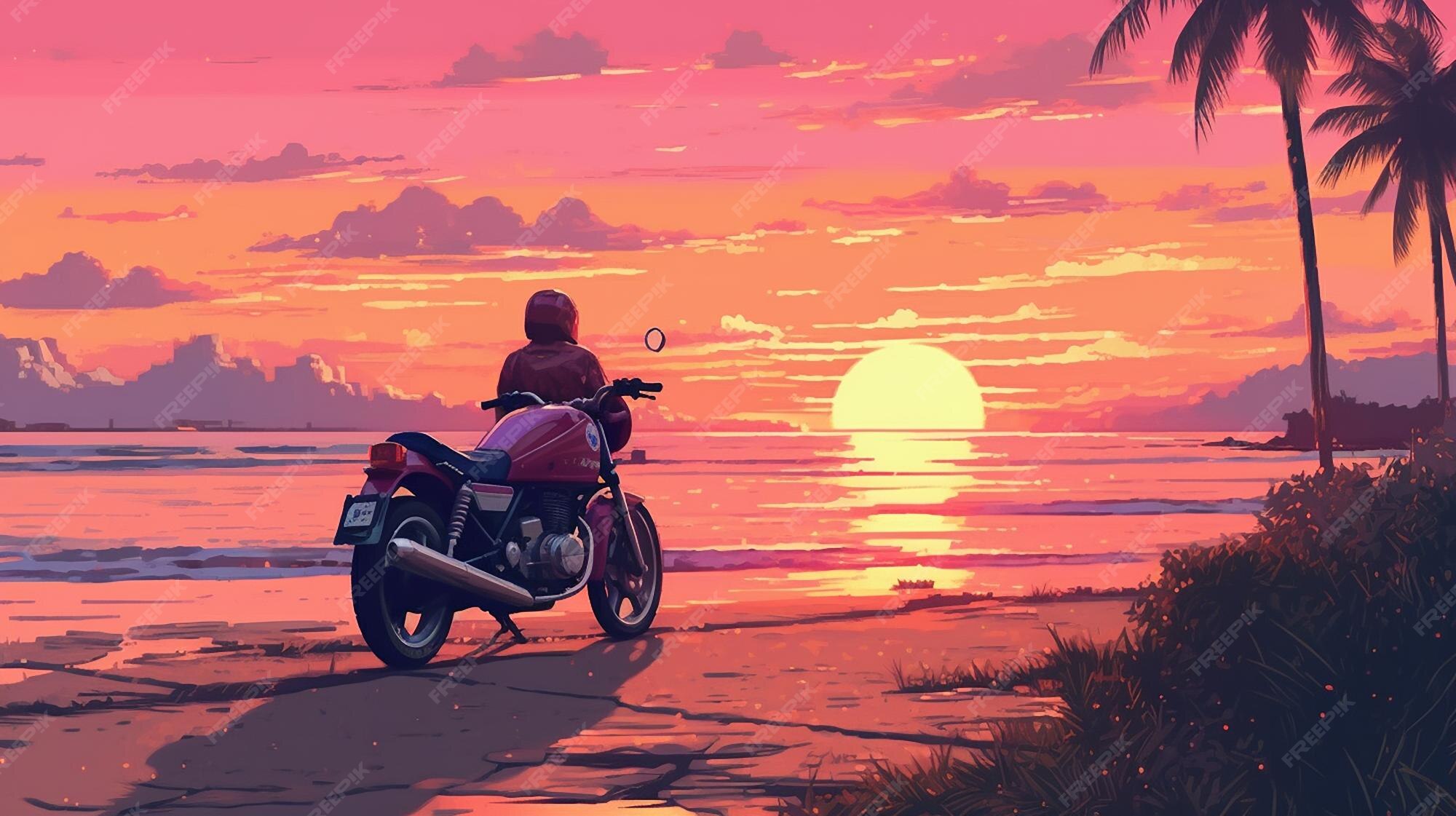 Premium Ai Image 80s Anime Aesthetic Sunset By A Beach Palm Trees Motorcy Sunset Background Ai