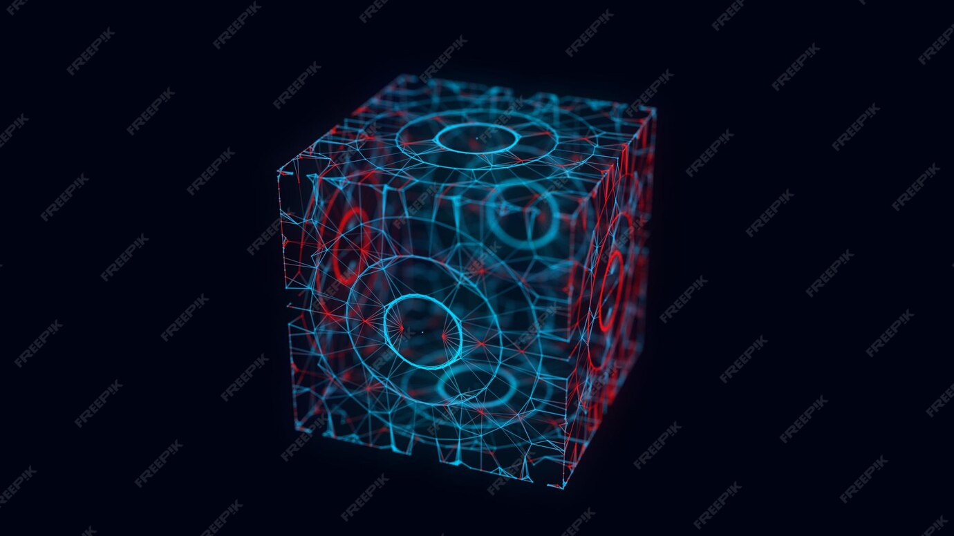 Premium Photo Abstract Colors Scifi Cube With Particle And Line With Digital Indicators