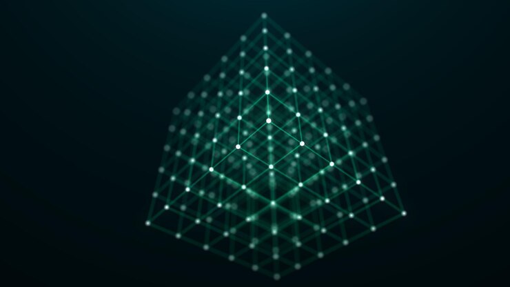 粒子と線を持つ抽象的な緑の Sf 立方体世界の技術ネットワーク接続グローバル デジタル接続 Ai ワイヤーフレーム キューブブロックチェーン