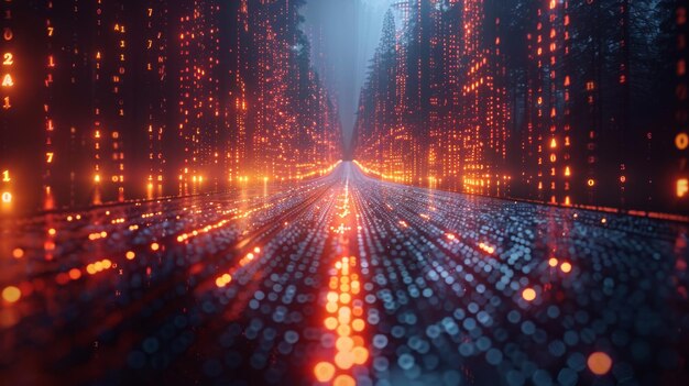 Abstract highway path through digital binary towers in city Hyper loop virtual reality big data ...