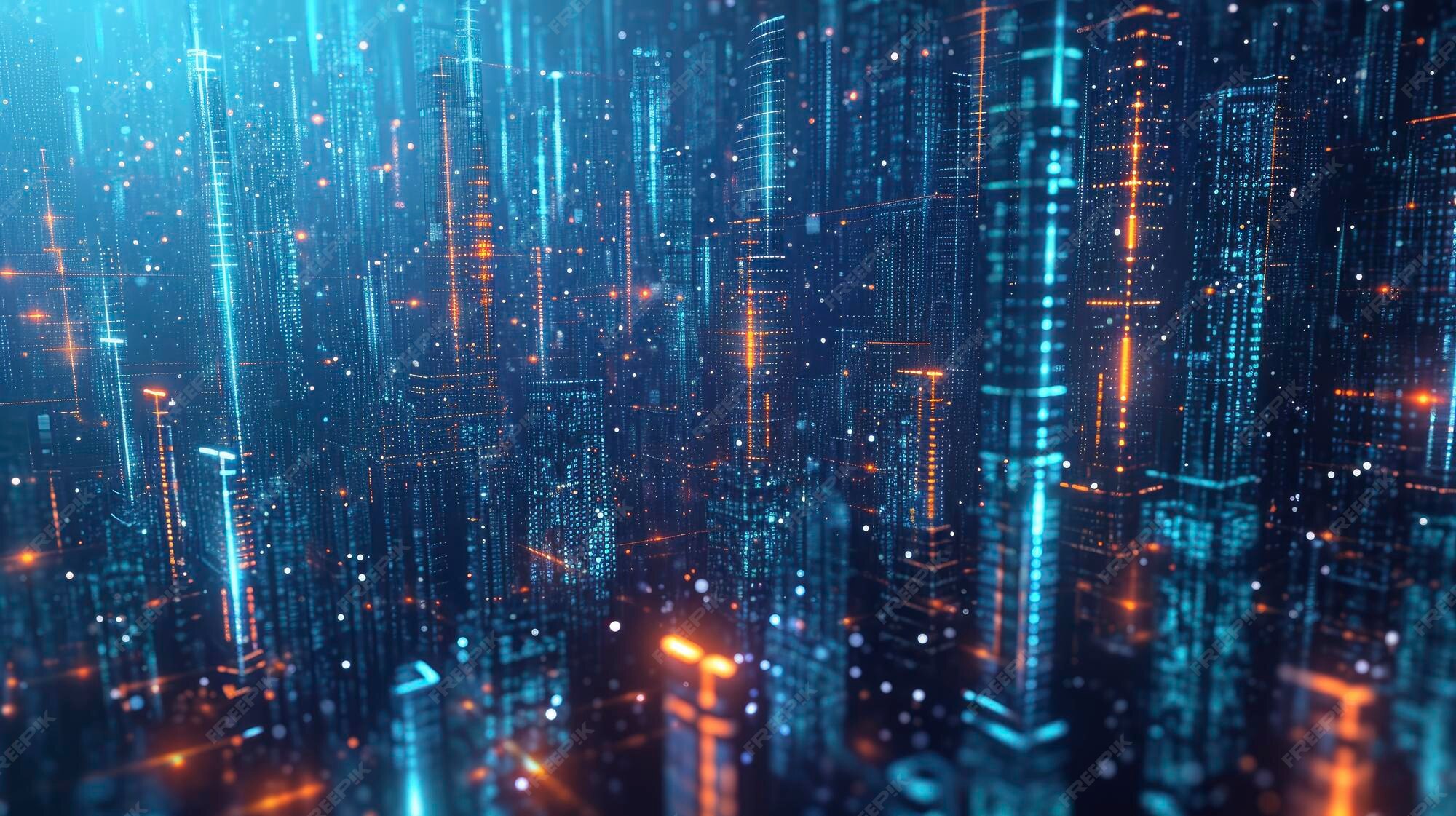 抽象的なホログラム未来的なマトリックスを使用した 3 D 都市レンダリングバイナリ コード粒子ネットワークを使用したデジタル スカイライン技術
