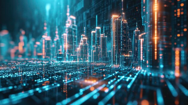 Premium Photo | Abstract hologram 3D city rendering with futuristic matrix Digital skyline with ...