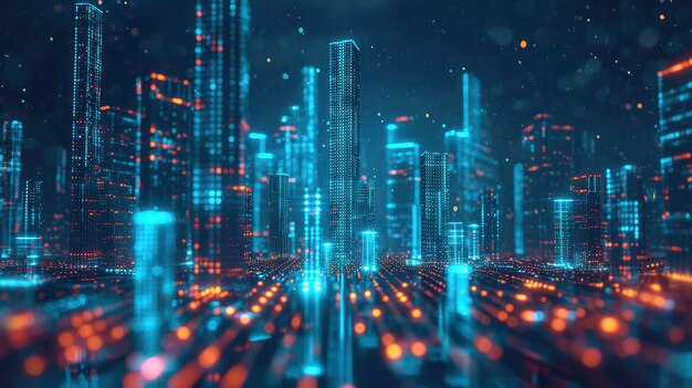 Premium Photo | Abstract hologram 3D city rendering with futuristic matrix Digital skyline with ...