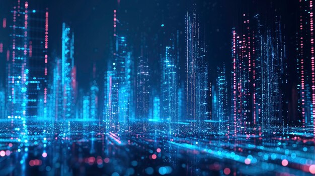 Premium Photo Abstract Hologram 3d City Rendering With Futuristic Matrix Digital Skyline With