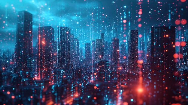 Premium Photo | Abstract hologram 3D city rendering with futuristic matrix Digital skyline with ...