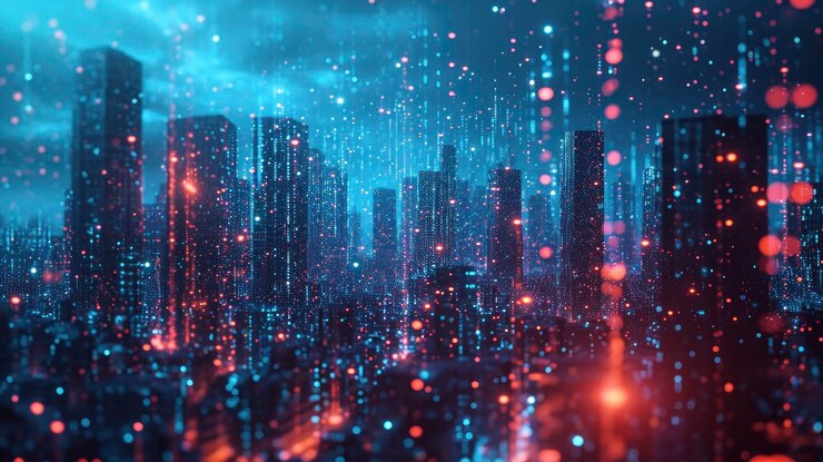 Premium Photo | Abstract hologram 3D city rendering with futuristic matrix Digital skyline with ...
