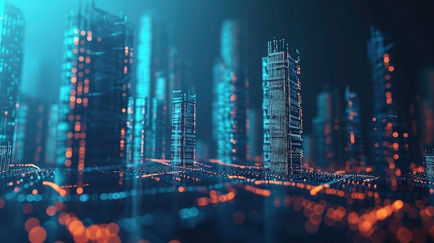 Premium Photo | Abstract hologram 3D city rendering with futuristic matrix Digital skyline with ...