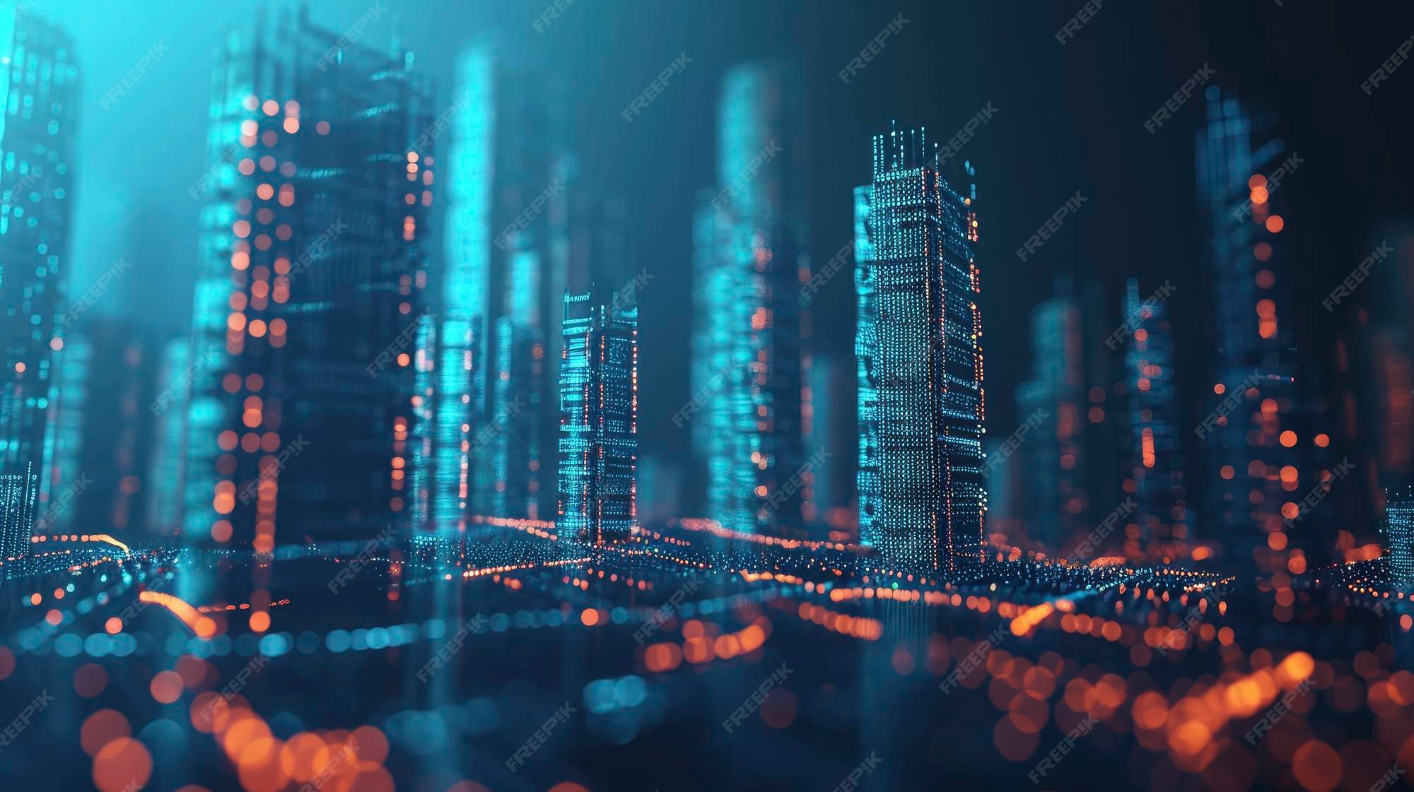 Premium Photo | Abstract hologram 3D city rendering with futuristic matrix Digital skyline with ...