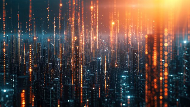 Premium Photo | Abstract hologram 3D city rendering with futuristic matrix Digital skyline with ...