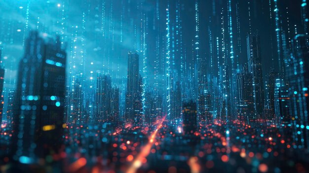 Premium Photo | Abstract hologram 3D city rendering with futuristic matrix Digital skyline with ...