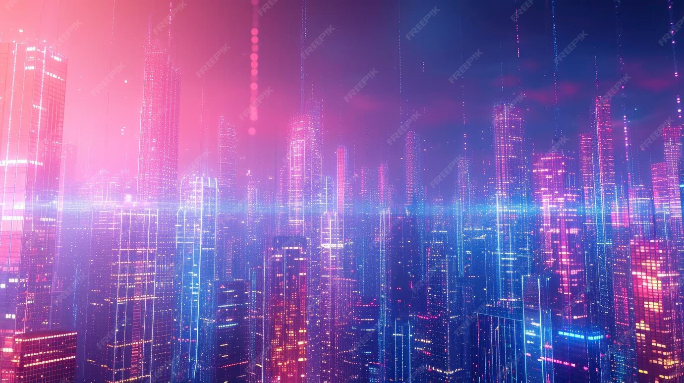 Premium Photo | Abstract hologram 3D city rendering with futuristic matrix Digital skyline with ...