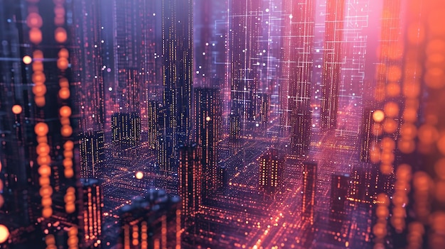 Premium Photo | Abstract hologram 3D city rendering with futuristic matrix Digital skyline with ...
