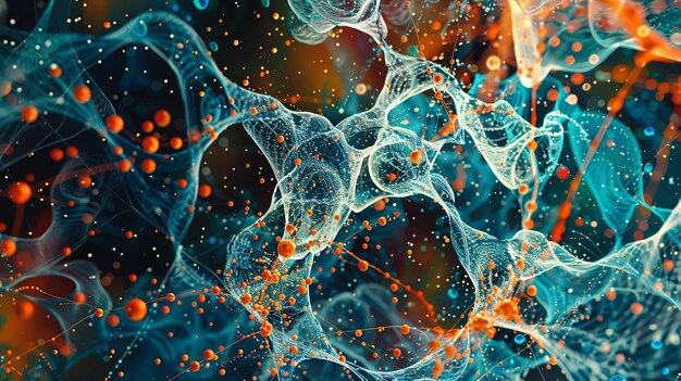 An abstract image depicting a neural network with nodes and connections showcasing the complex ...