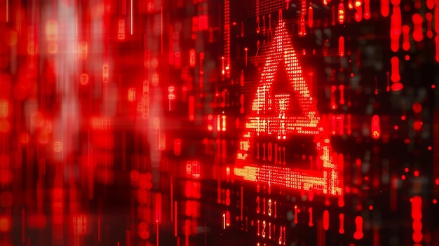Abstract red digital background with warning sign and matrix code cybersecurity concept computer ...