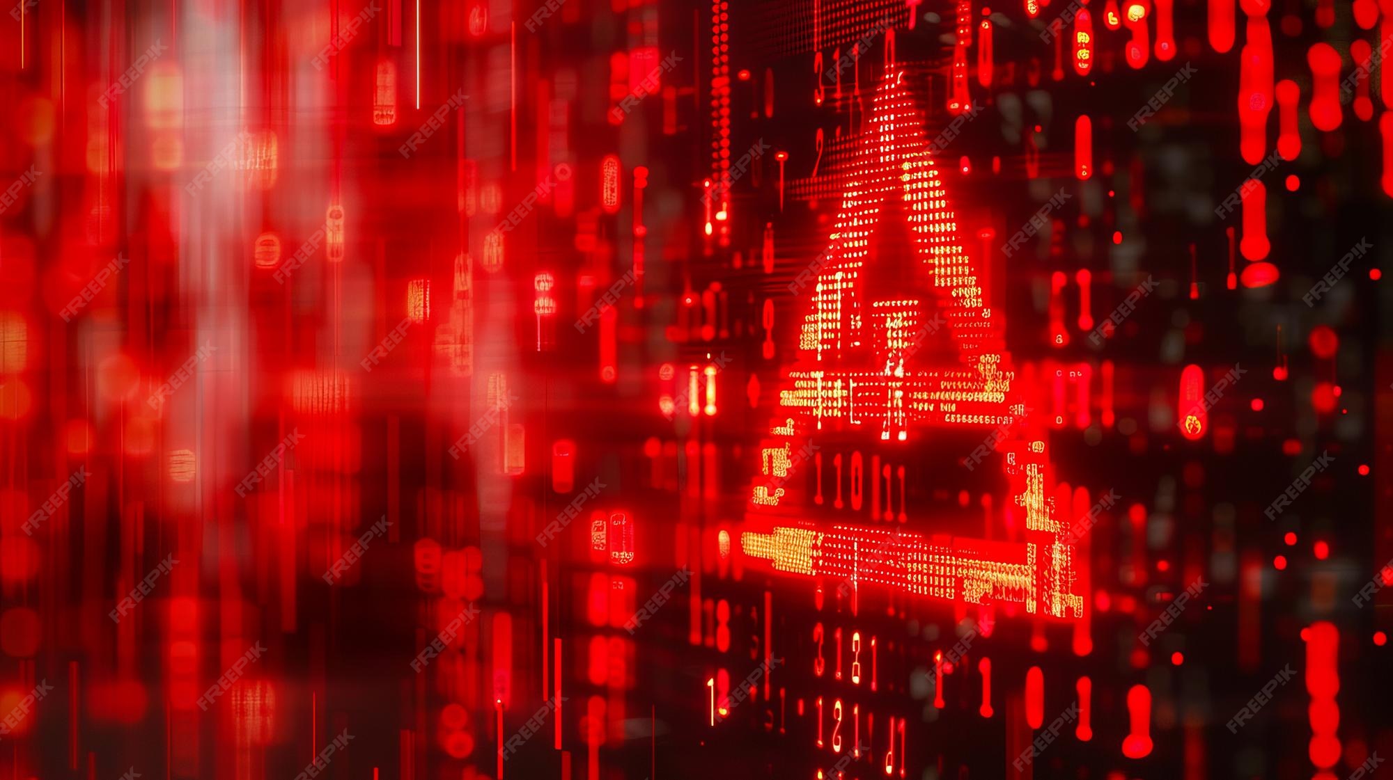 Abstract red digital background with warning sign and matrix code cybersecurity concept computer ...