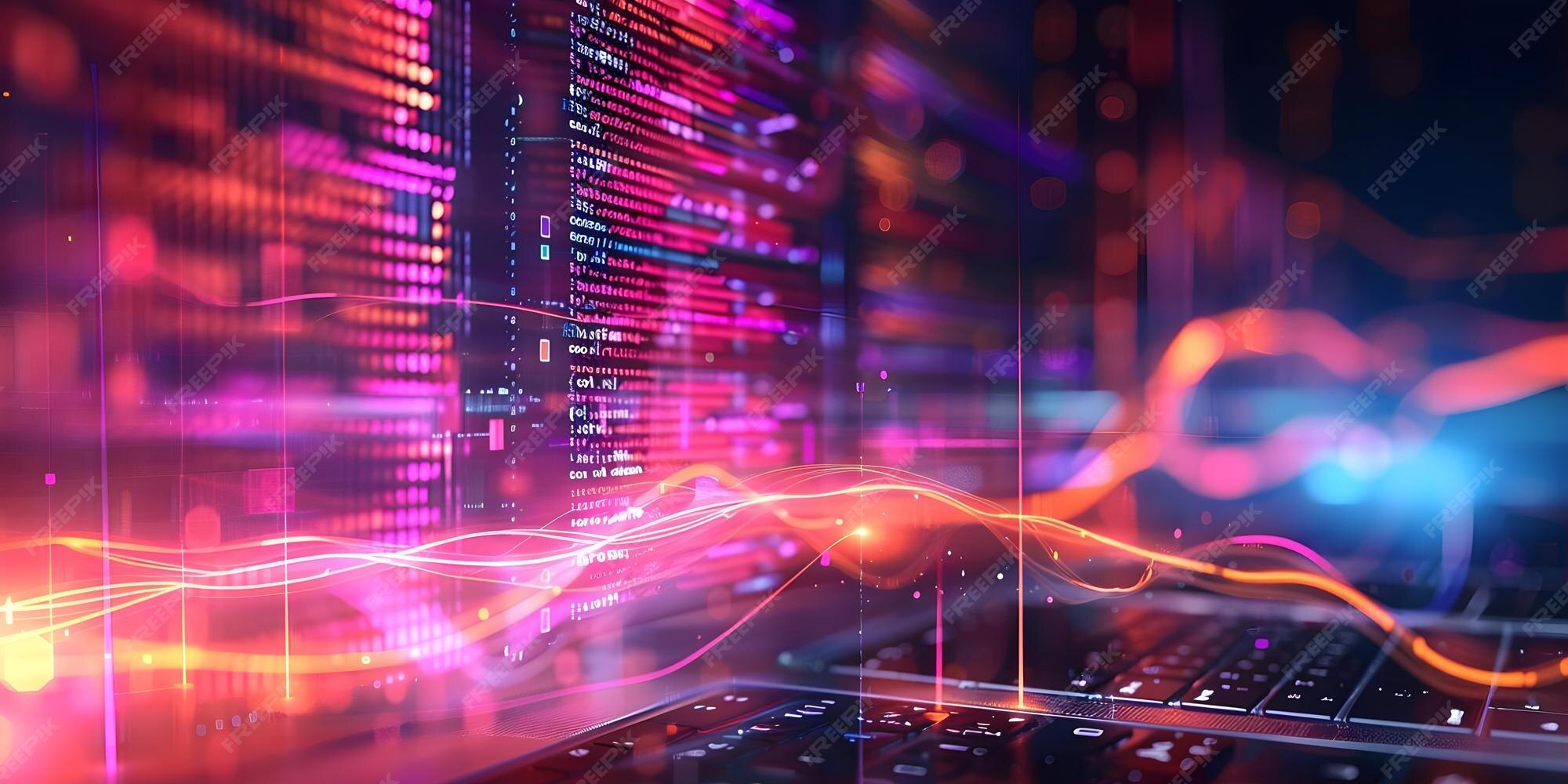 Abstract representation of programming languages and code displayed on laptop and phone screens ...